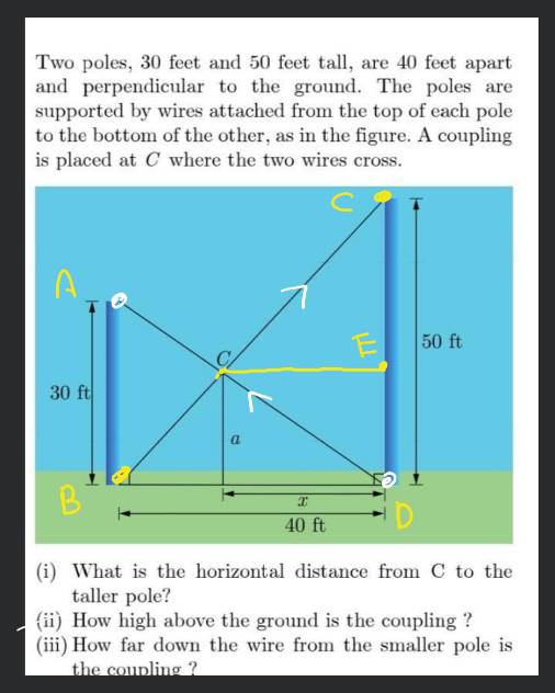 Two poles, 30 feet and 50 feet tall, are 40 feet apart and perpendicular