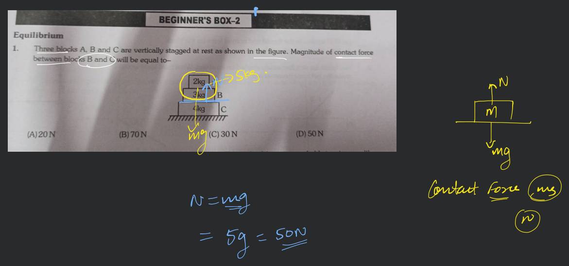 Three blocks A,B and C are vertically stagged at rest as shown in the fig..
