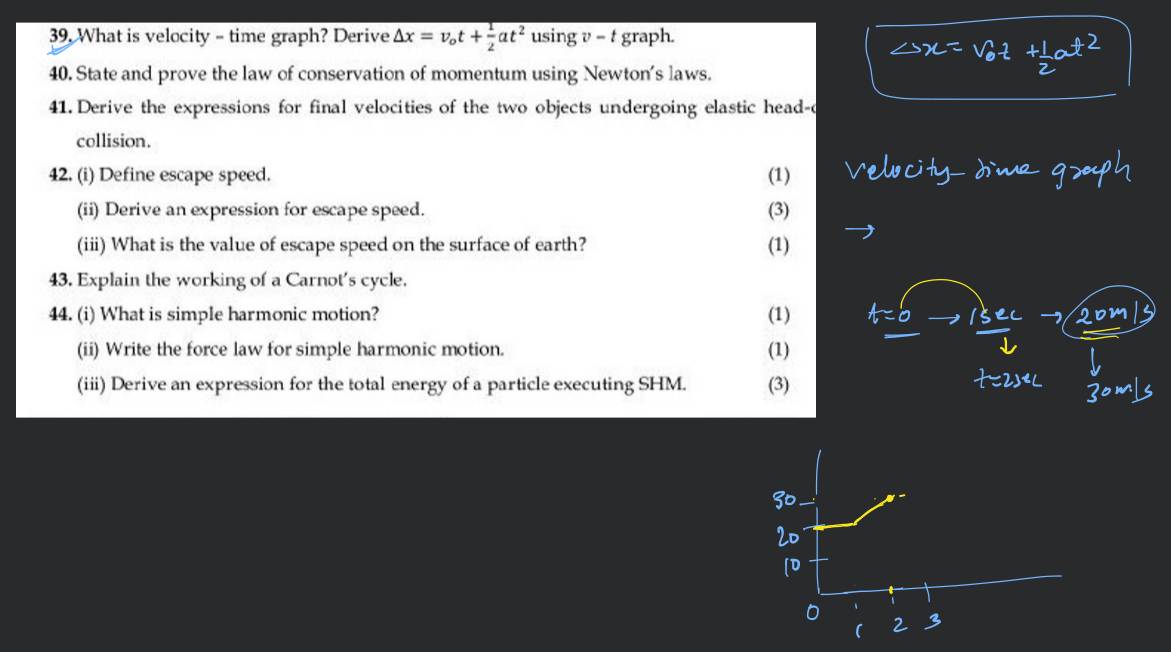 39. What is velocity - time graph? Derive Δx=v0 t+21 at2 using v−t graph...