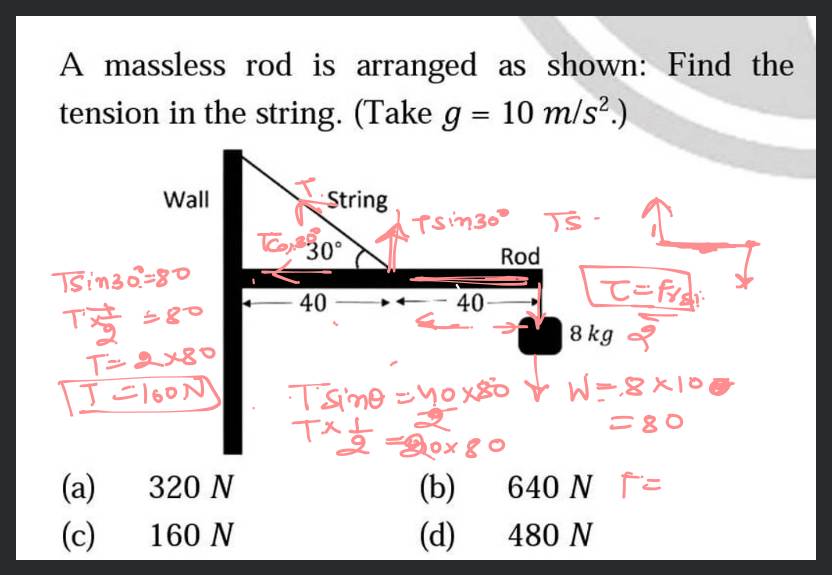 A massless rod is arranged as shown: Find the tension in the string. (Tak..