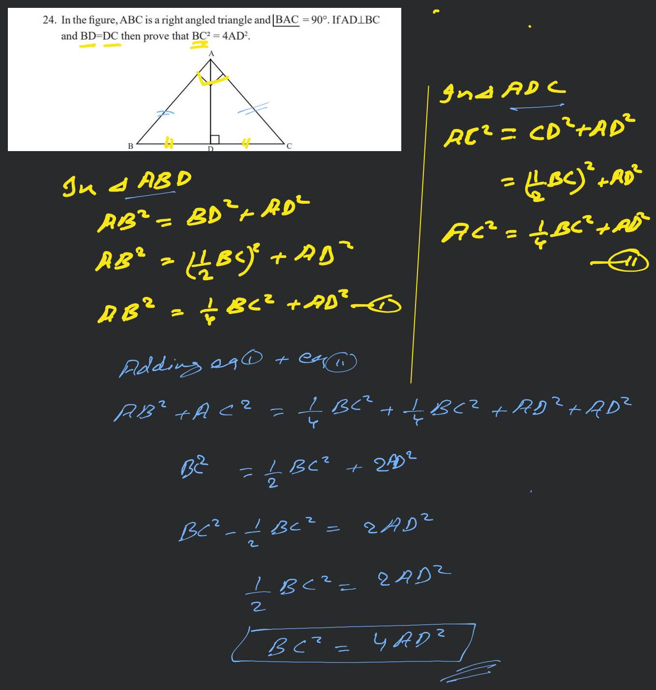 24. In the figure, ABC is a right angled triangle and ⌊BAC=90∘. If AD⊥BC