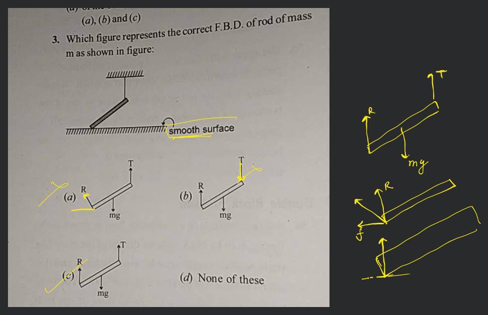 Which figure represents the correct F.B.D. of rod of mass m as shown in f..