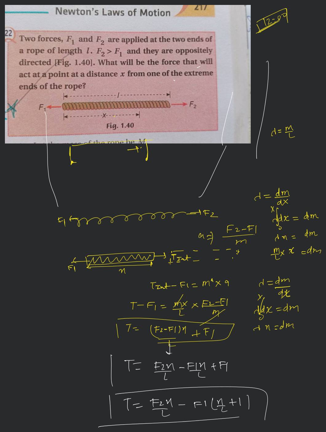 Newton's Laws of Motion Two forces, F1 and F2 are applied at the two en..