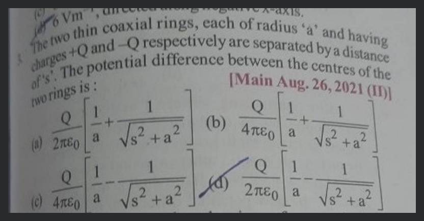 The two thin coaxial rings, each of radius 'a' and having charges +Q and
