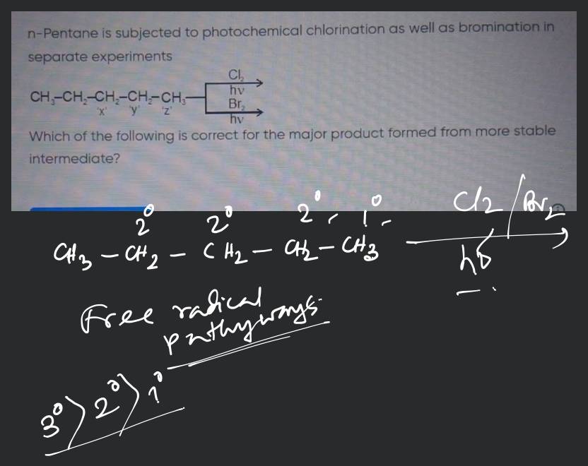 n-Pentane is subjected to photochemical chlorination as well as brominati..