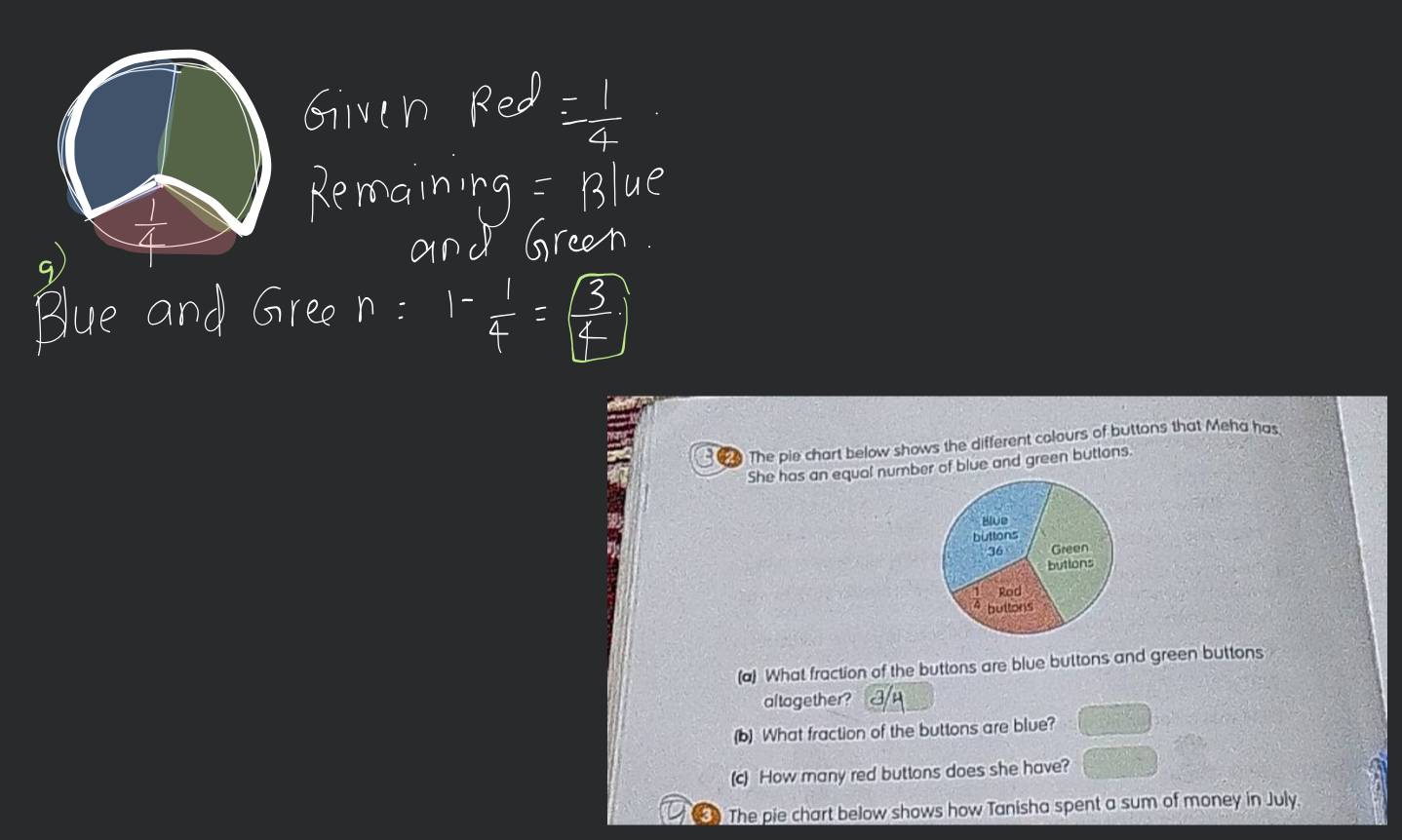 33. The ple chart below shows the different colours of buttons that Meha