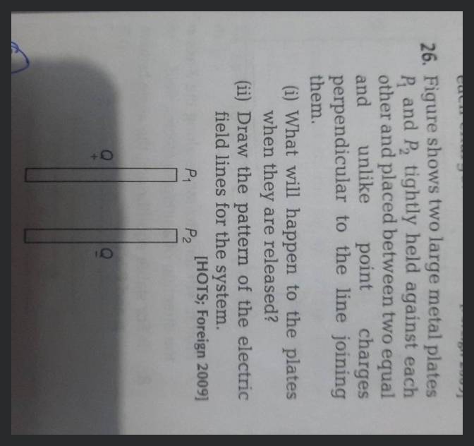 26. Figure shows two large metal plates P1 and P2 tightly held against