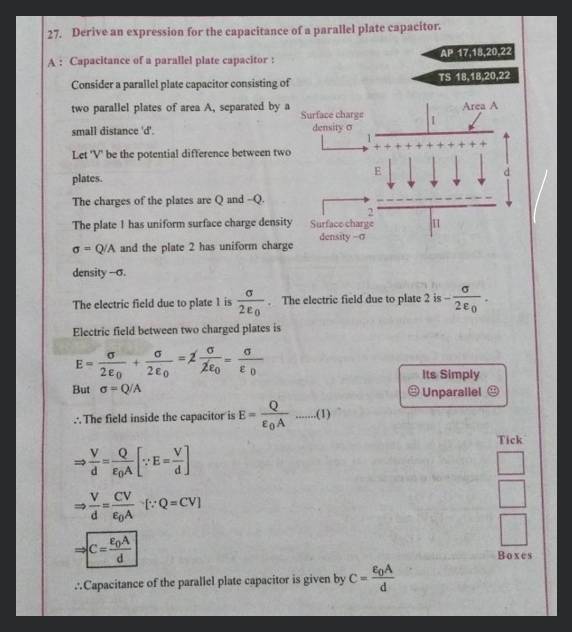 27. Derive an expression for the capacitance of a parallel plate capacito..