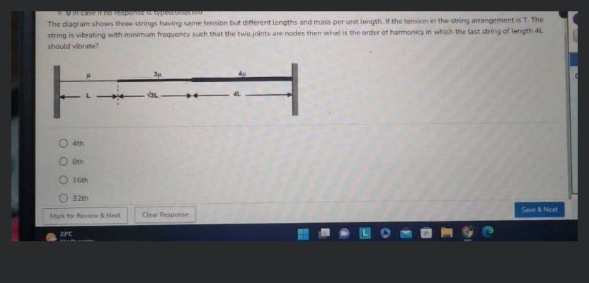 The diagram shows three strings having same tension but different lengths..