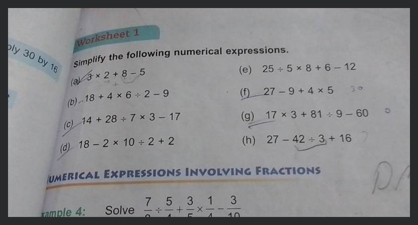 worksheet 116 simplify the following numerical expressions.(a) 3×2+8−5..