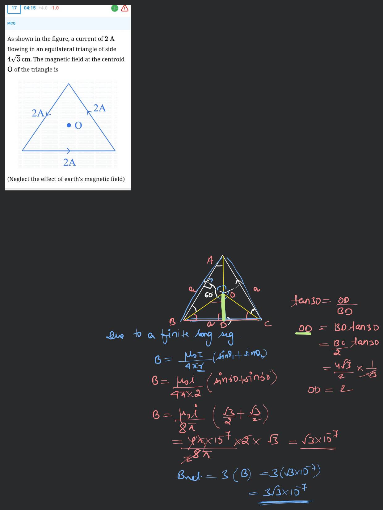 As shown in the figure, a current of 2 A flowing in an equilateral triang..