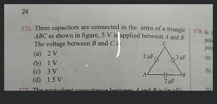 Three capacitors are connected in the arms of a triangle ABC as shown in