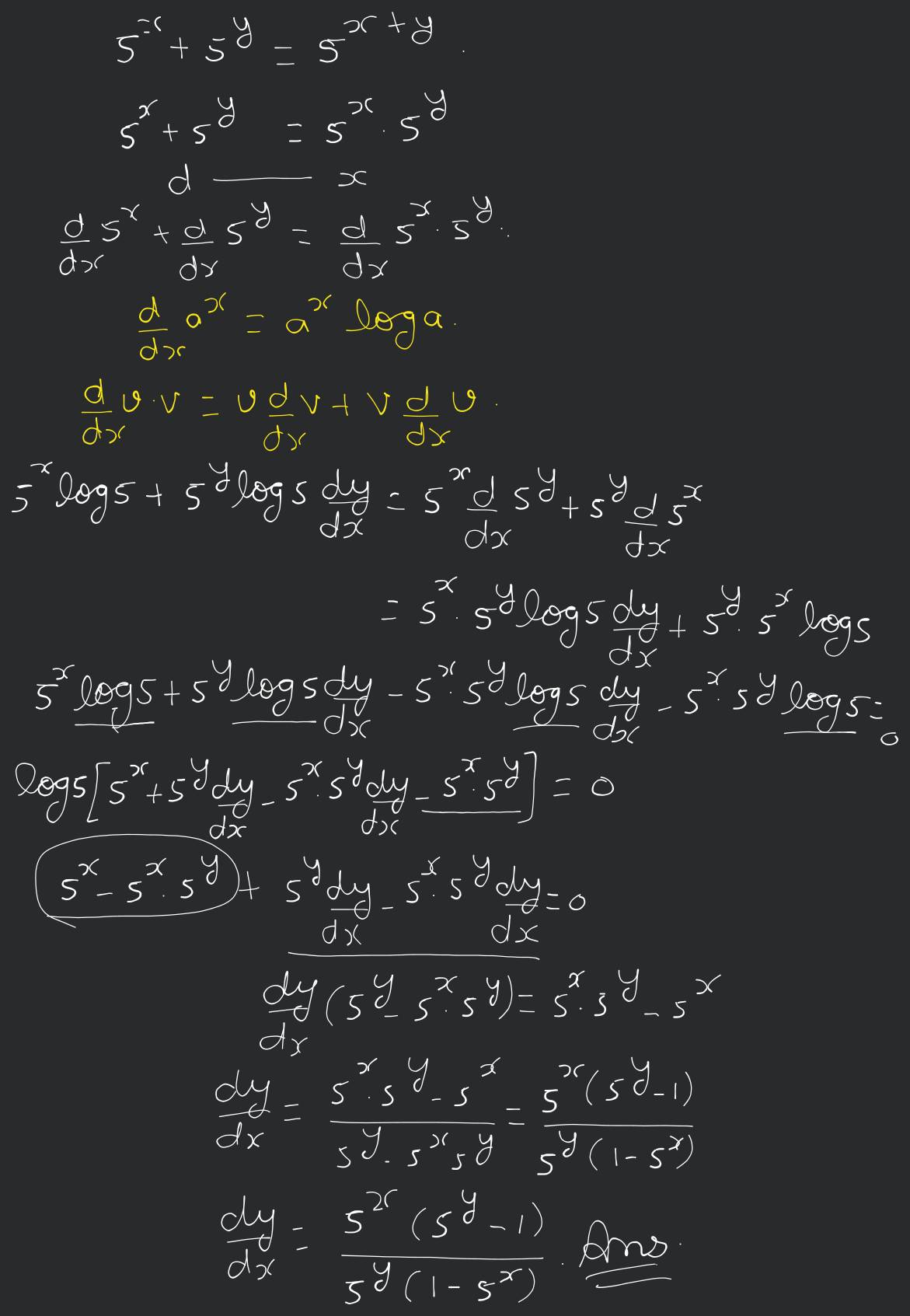 5x+5y=5x+y then prove that dxdy =5y−x | Filo