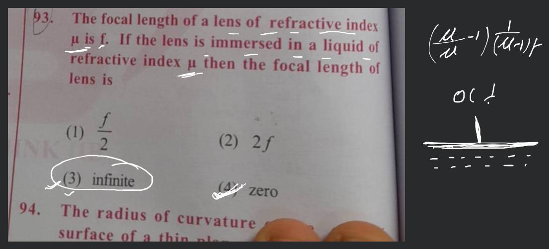 The focal length of a lens of refractive index μ is f. If the lens is imm..