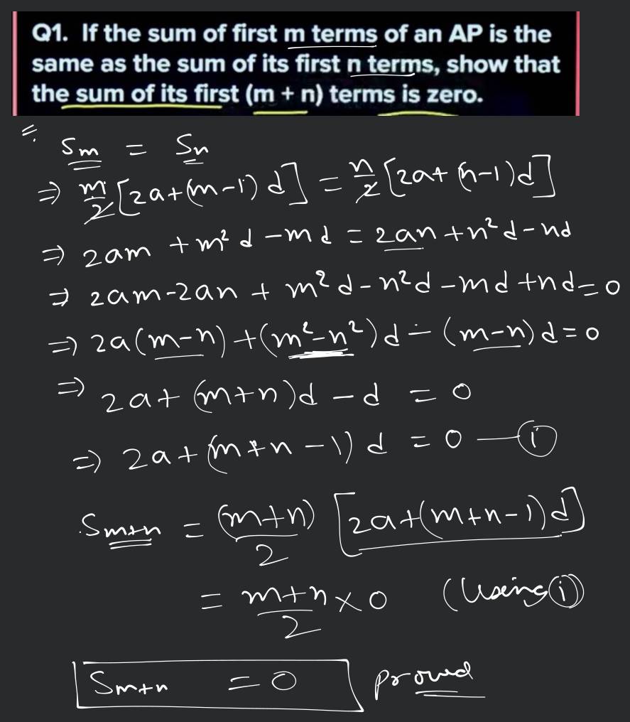 Q1 If The Sum Of First M Terms Of An Ap Is The Same As The Sum Of Its Fi