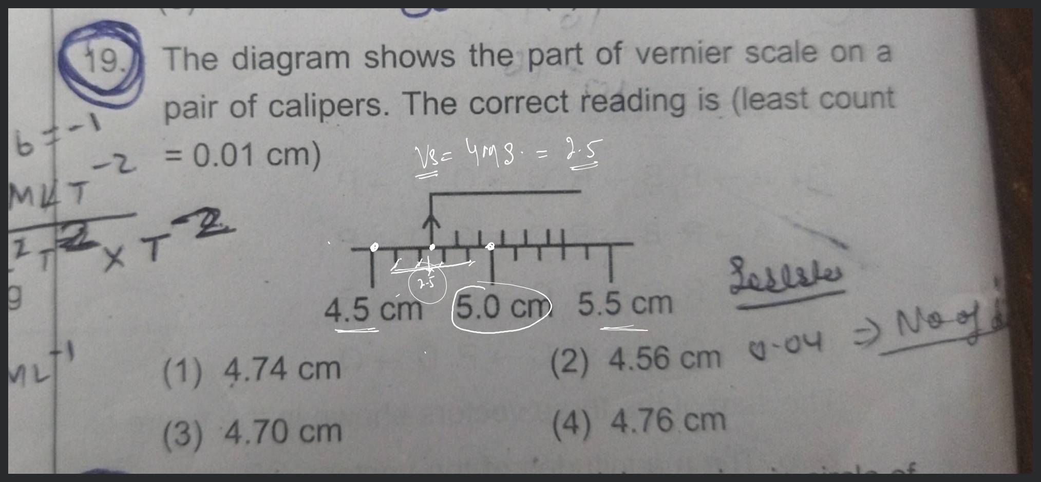 The diagram shows the part of vernier scale on a pair of calipers. The co..