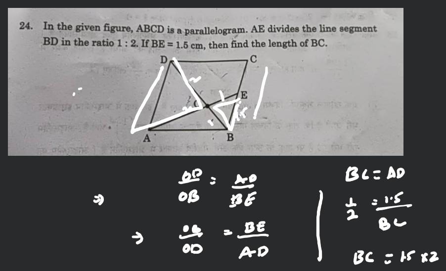 24. In the given figure, ABCD is a parallelogram. AE divides the line seg..