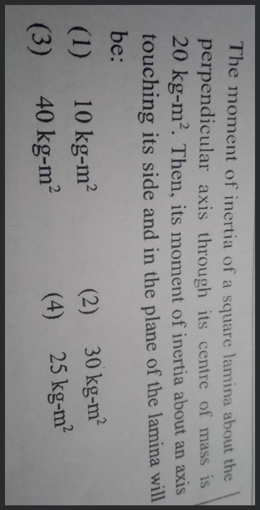 The moment of inertia of a square lamina about the perpendicular axis thr..