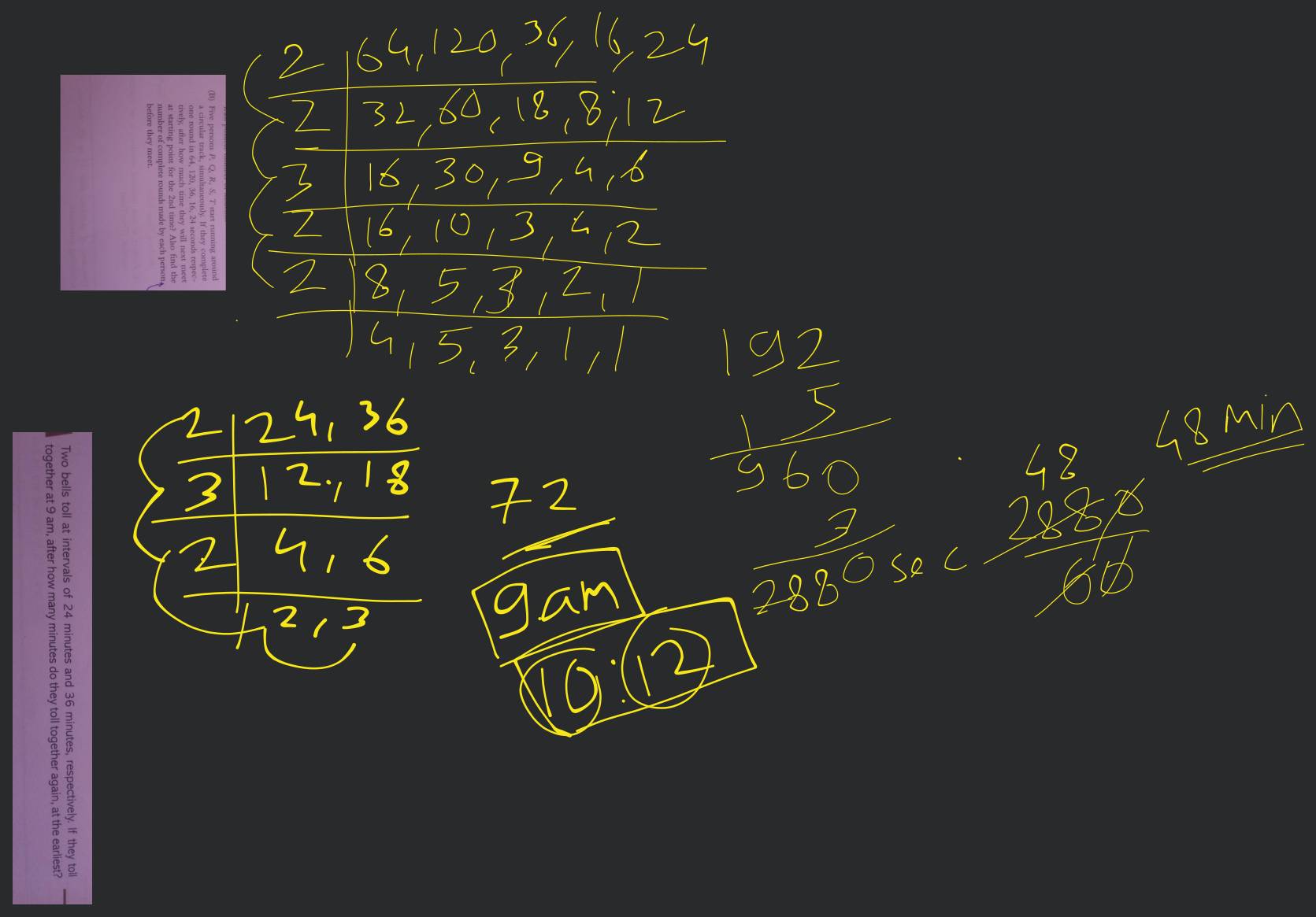Two bells toll at intervals of 24 minutes and 36 minutes, respectively. I..