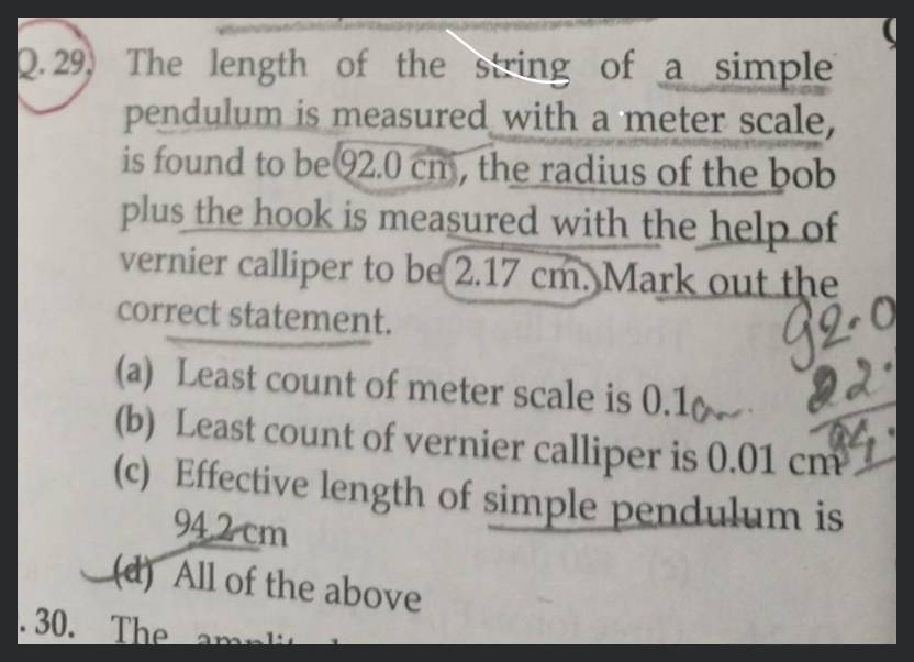 The length of the string of a simple pendulum is measured with a meter sc..