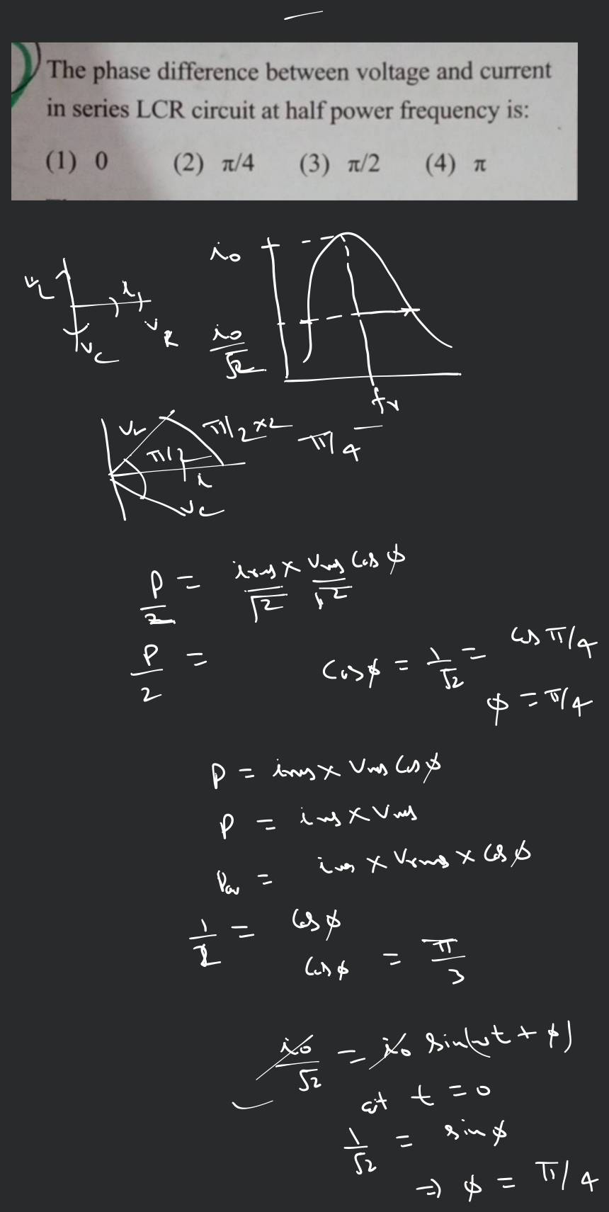 The phase difference between voltage and current in a series LCR circuit