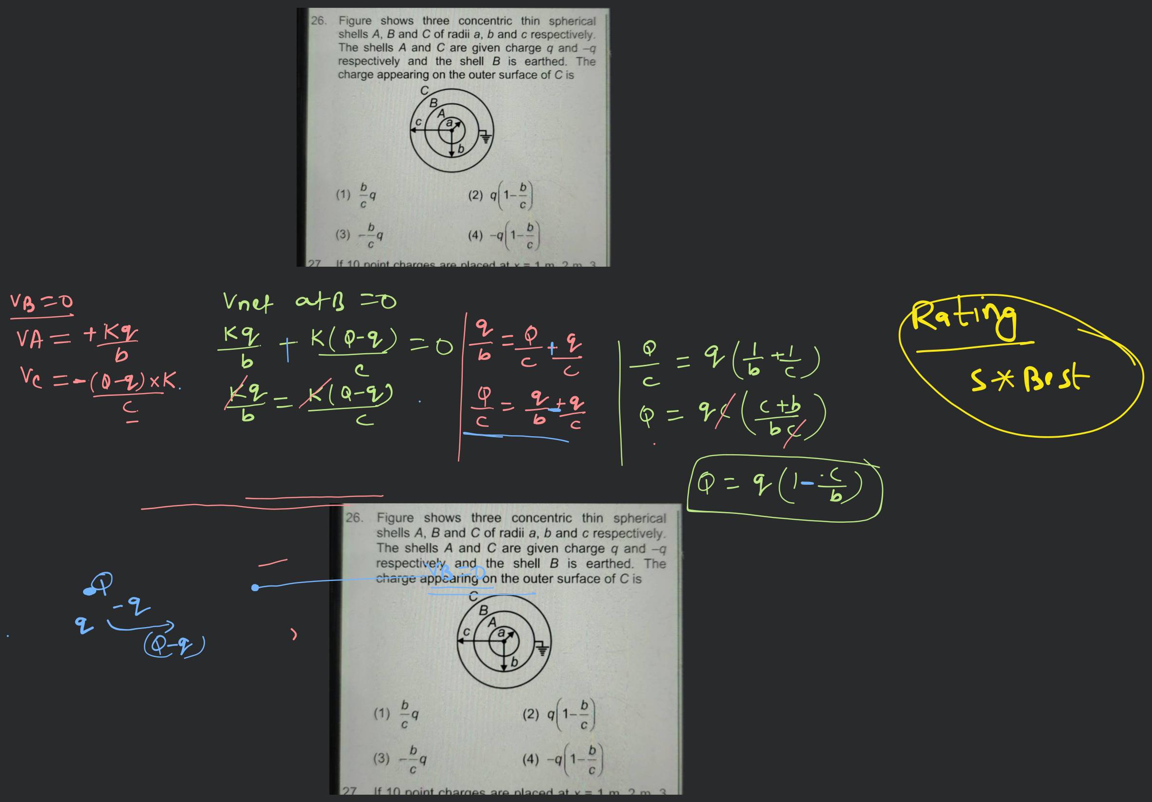 Figure shows three concentric thin spherical shells A,B and C of radii a,..