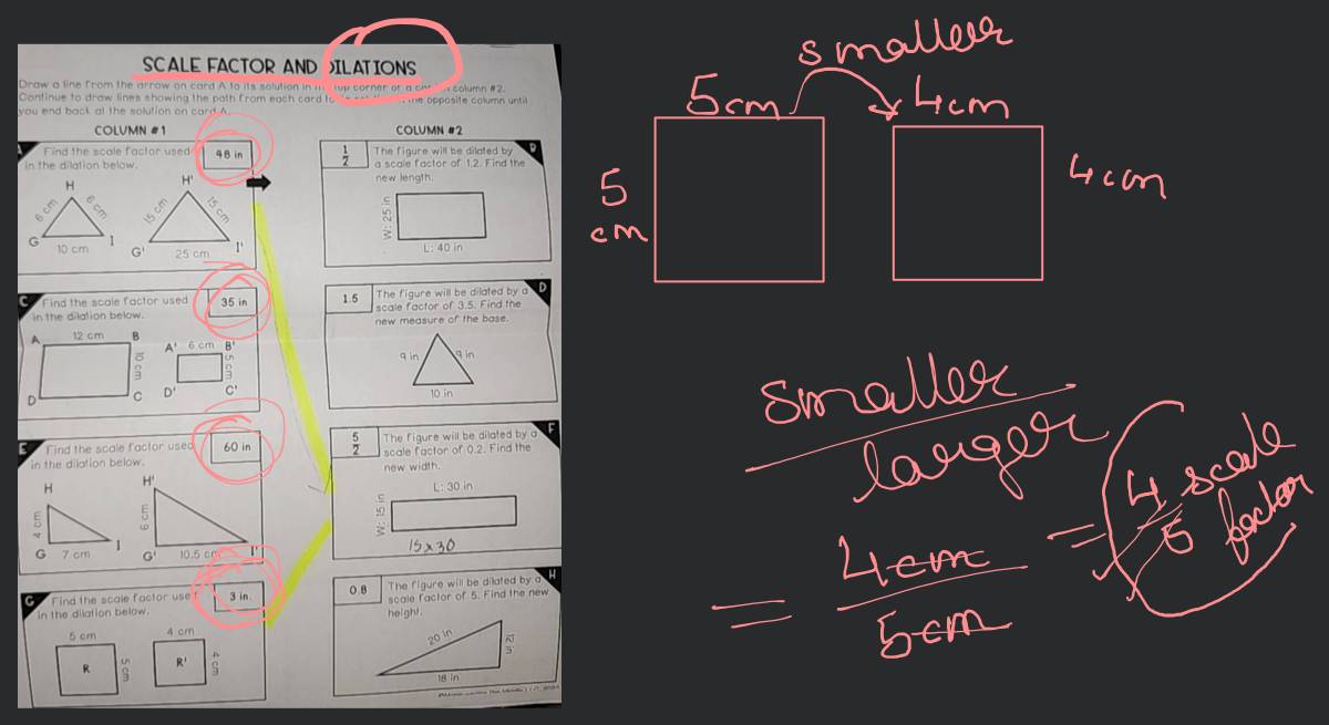SCALE FACTOR AND DILATIONS Draw a line from the arrow on card A to its so..