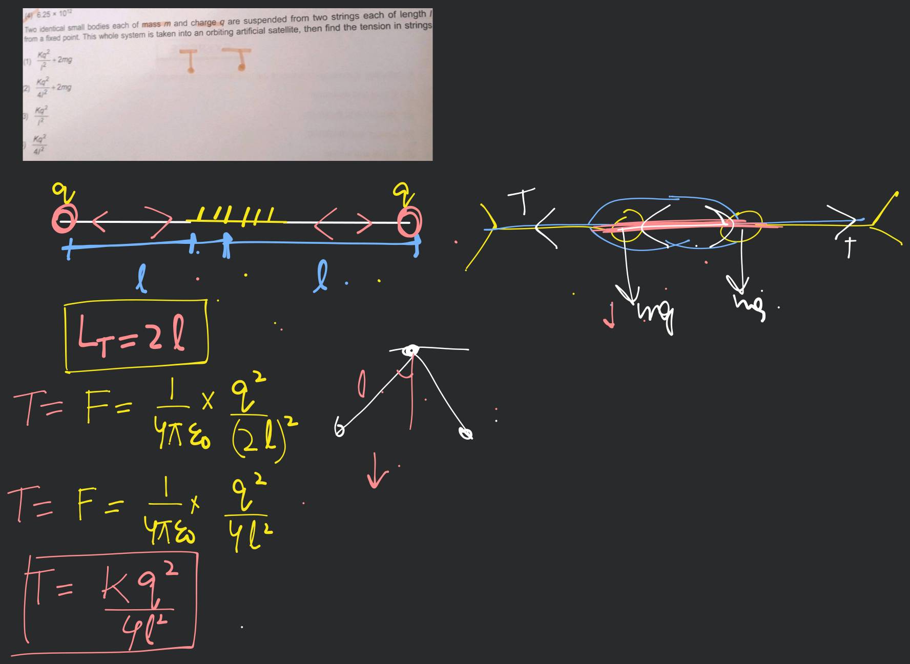 Two identical small bodies each of mass m and charge q are suspended from..