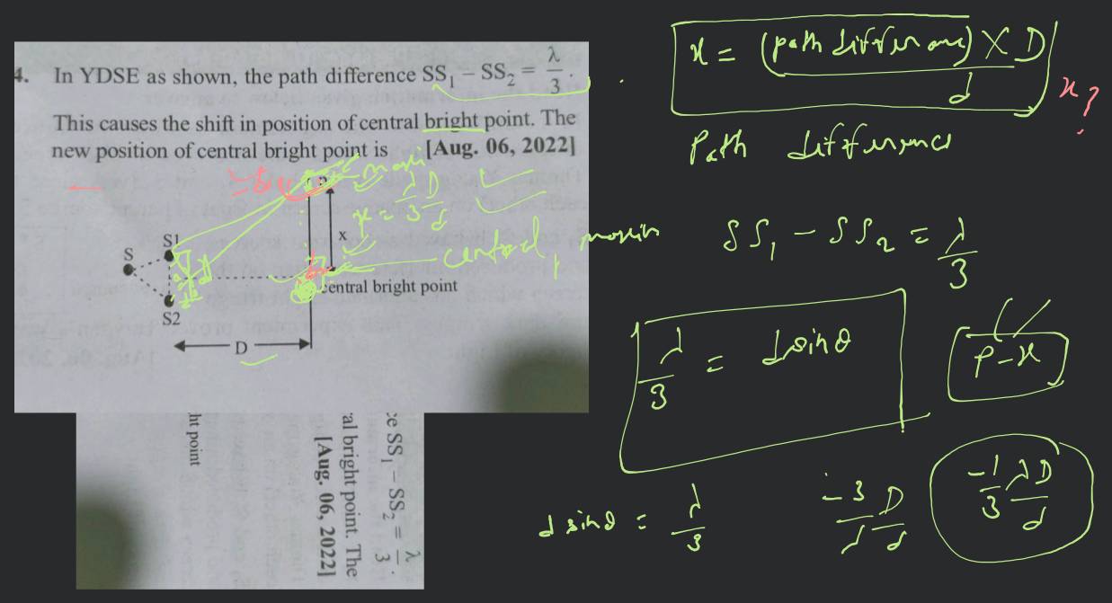 4. In YDSE as shown, the path difference SS1 −SS2 =3λ .This causes the sh..