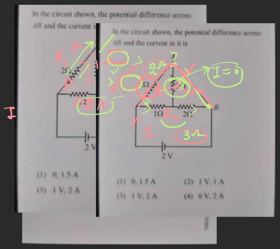 In the circuit shown, the potential difference across AB and current in i..