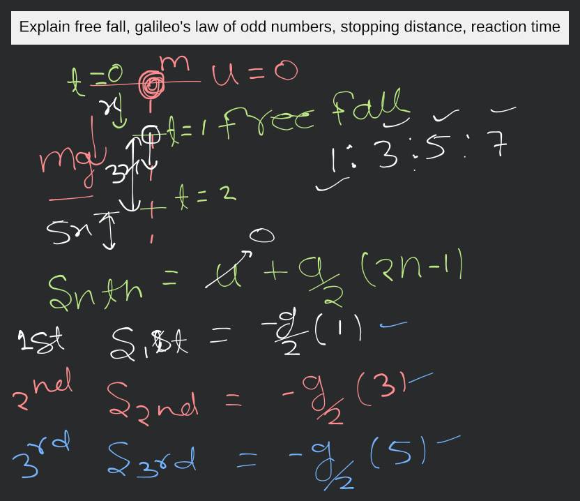 Explain free fall, galileo's law of odd numbers, stopping distance, react..