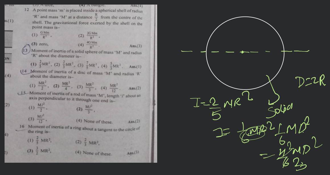 Moment of inertia of solid sphere of radius mathrmr and mass m about its