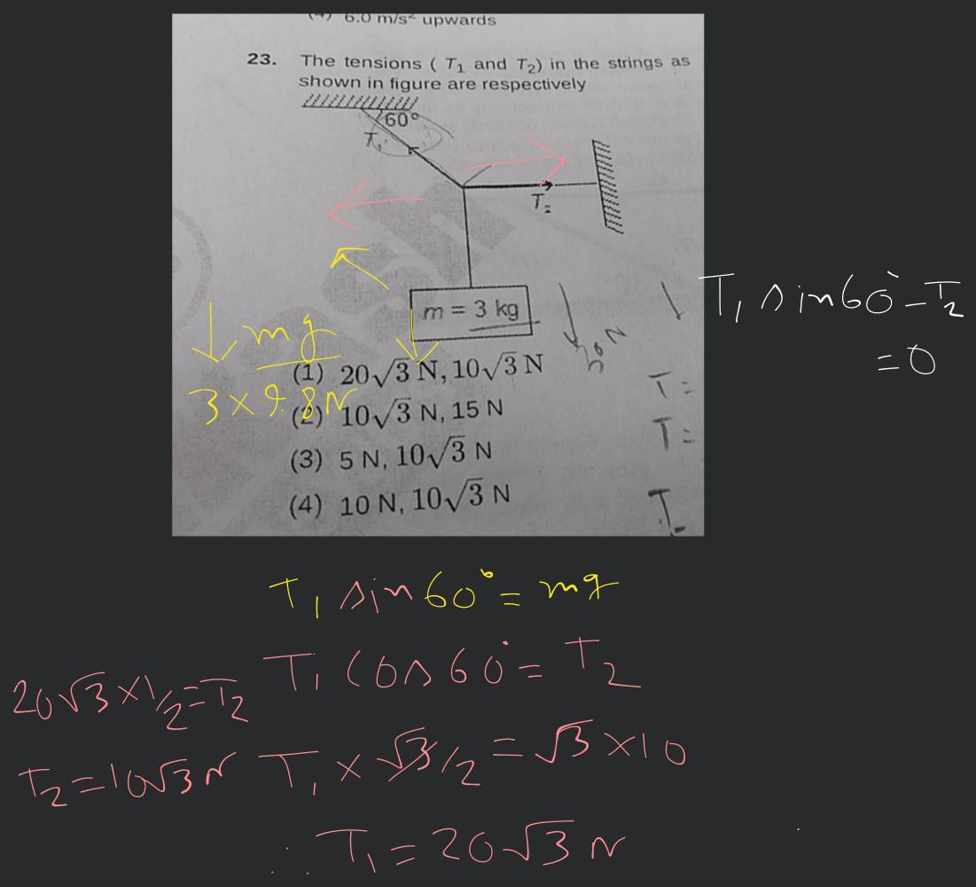 Determine the tensions T1 and T2 in the strings as shown in figure...