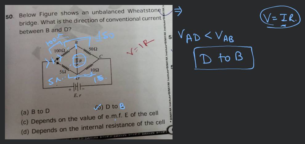 Below Figure shows an unbalanced Wheatstone bridge. What is the direction..