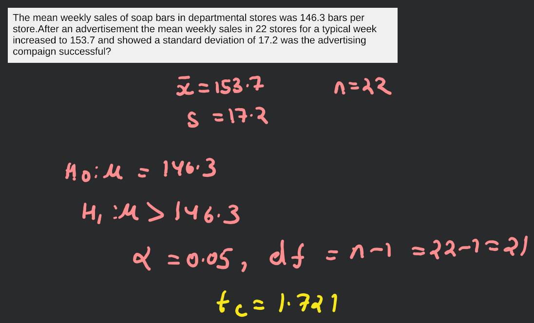 The mean weekly sales of soap bars in departmental stores was 146.3 bars