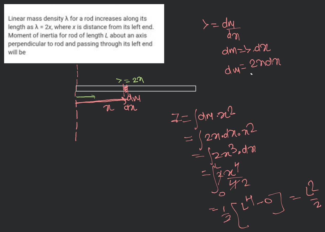 Linear mass density λ for a rod increases along its length as λ=2x, where..