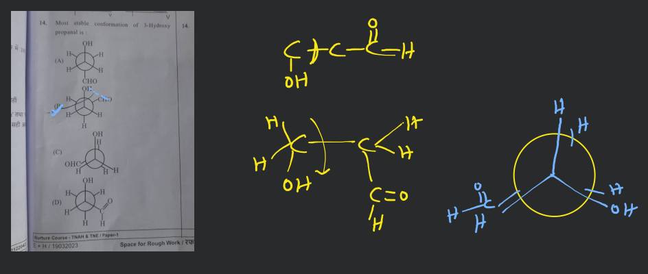 Most stable conformation of 3-Hydroxy 14. propanal is : | Filo