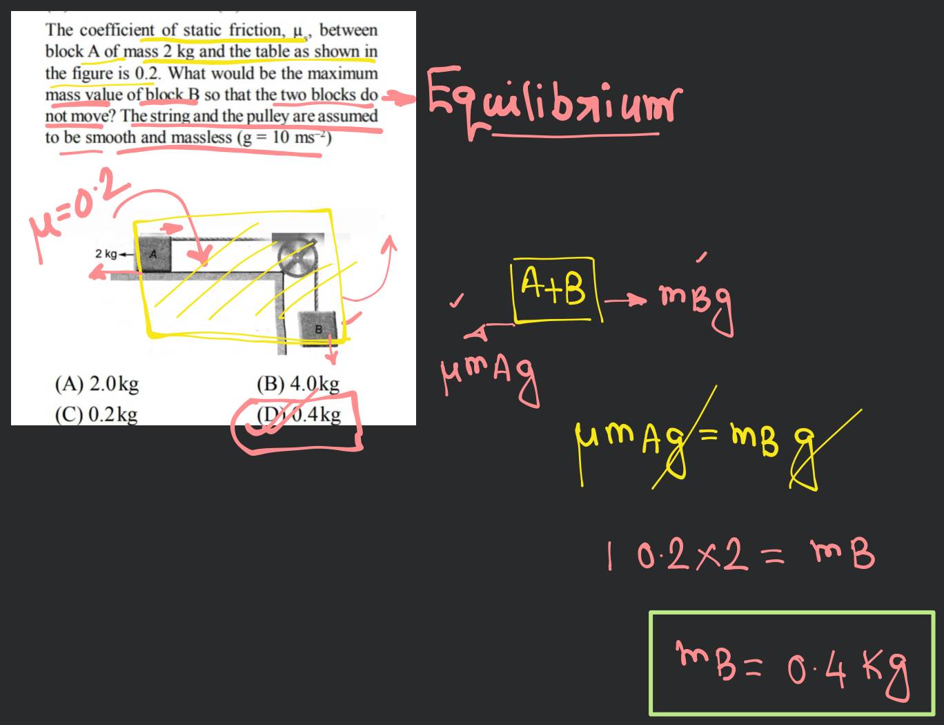 The coefficient of static friction, μs , between block A of mass 2 kg, an..