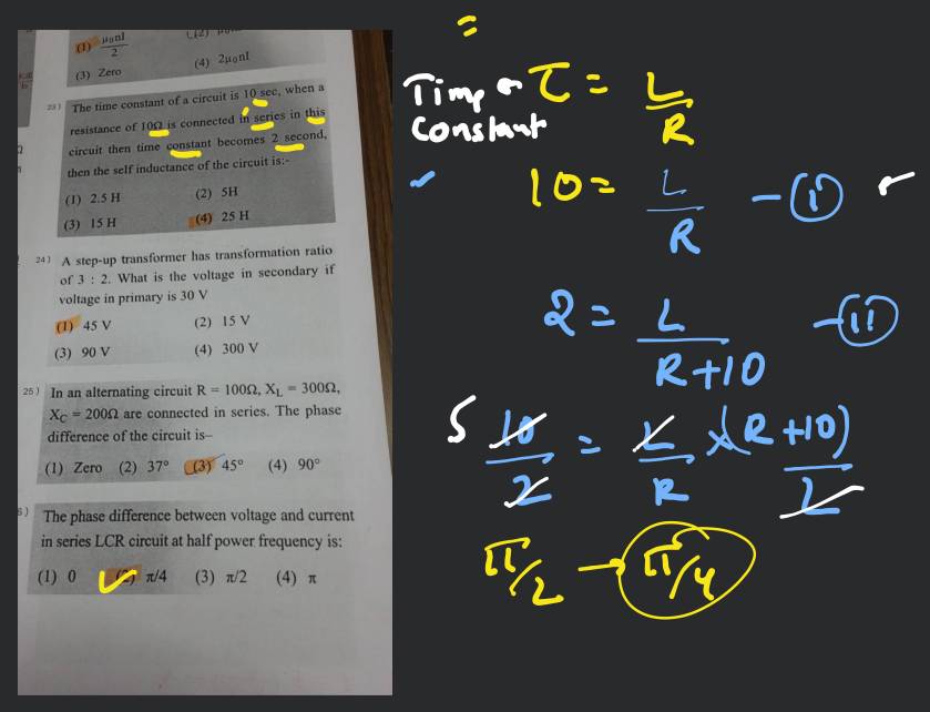 The phase difference between voltage and current in series LCR circuit at..