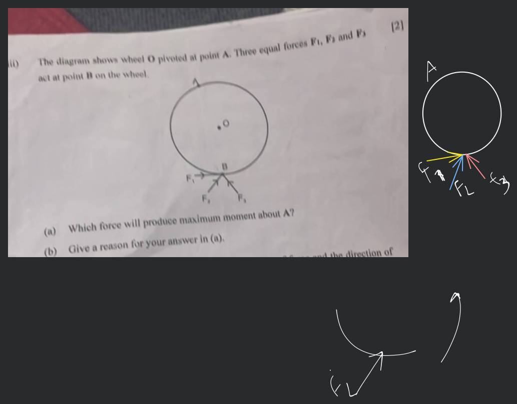 ii) The diagram shown wheel O pivoted at point A. Three equal forees F1
