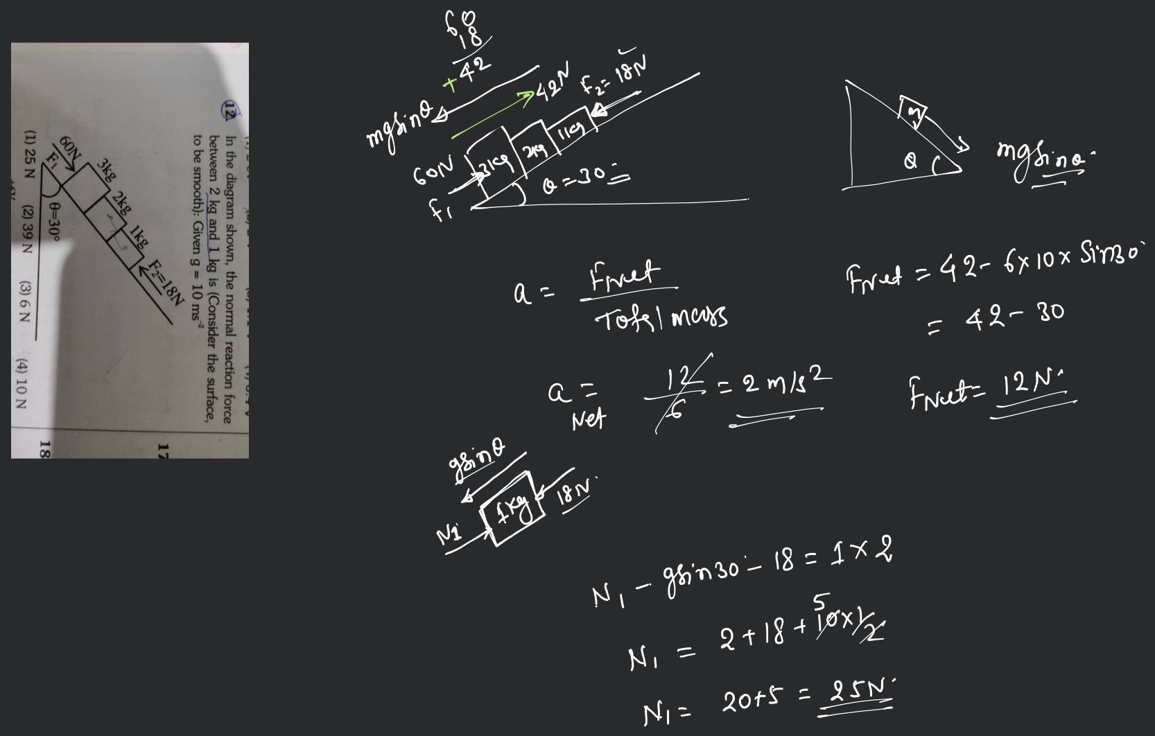 (2) 12. In the diagram shown, the normal reaction force between 2 kg and