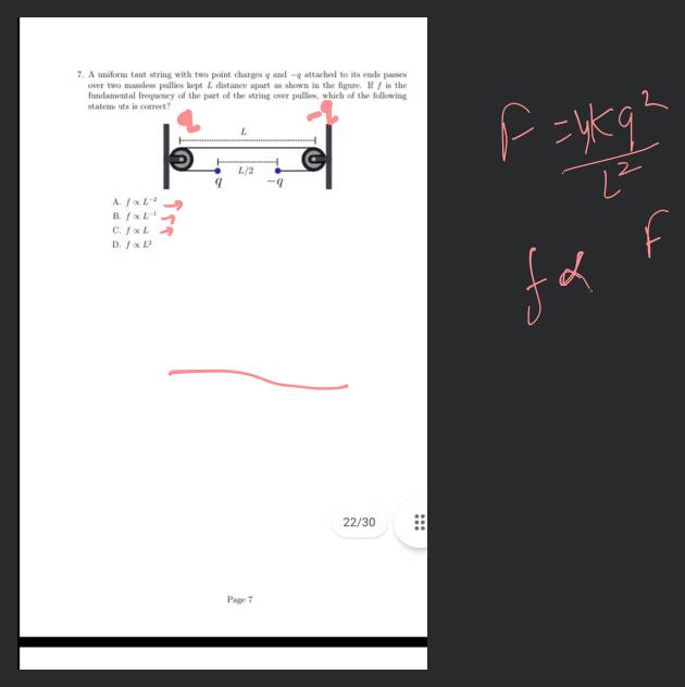 A uniform taut string with two point charges q and −q attached to its end..