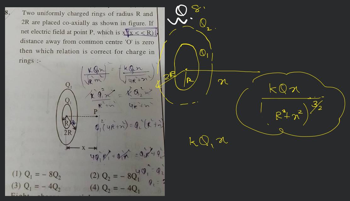 Two uniformly charged rings of radius R and 2R are placed co-axially as s..