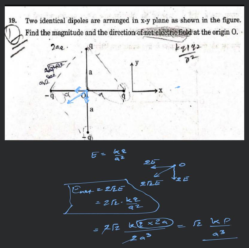 19. Two identical dipoles are arranged in x−y plane as shown in the figur..