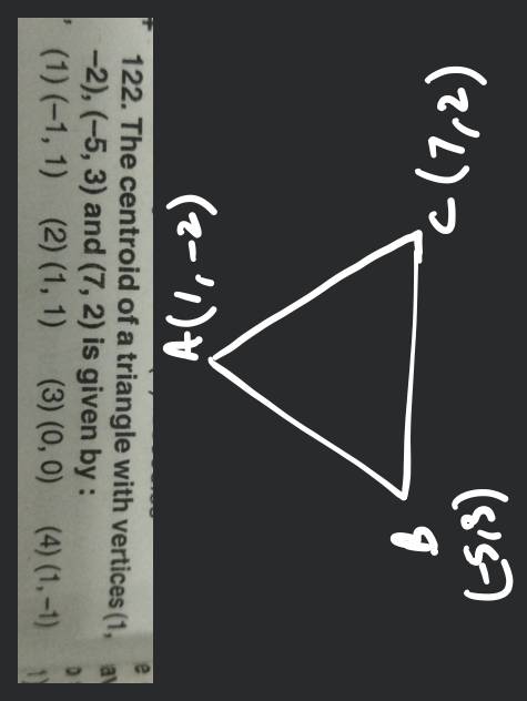 Find the centroid of the triangle with vertices: (−1,0),(5,−2) and (8,2)...