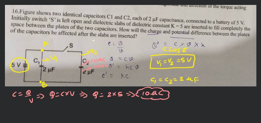 16. Figure shows two identical capacitors \mathrm{C} 1 and \mathrm{C} 2, each of 2 \mu \mathrm{F ...
