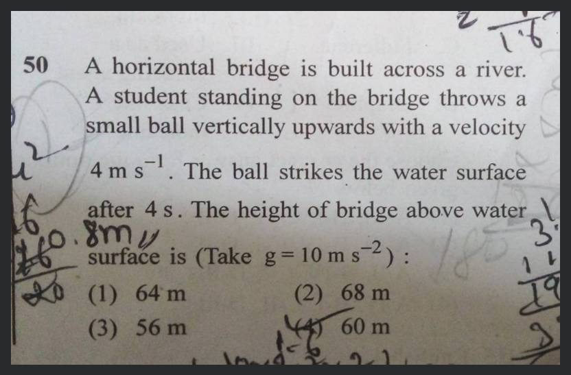 A horizontal bridge is built across a river. A student standing on the br..