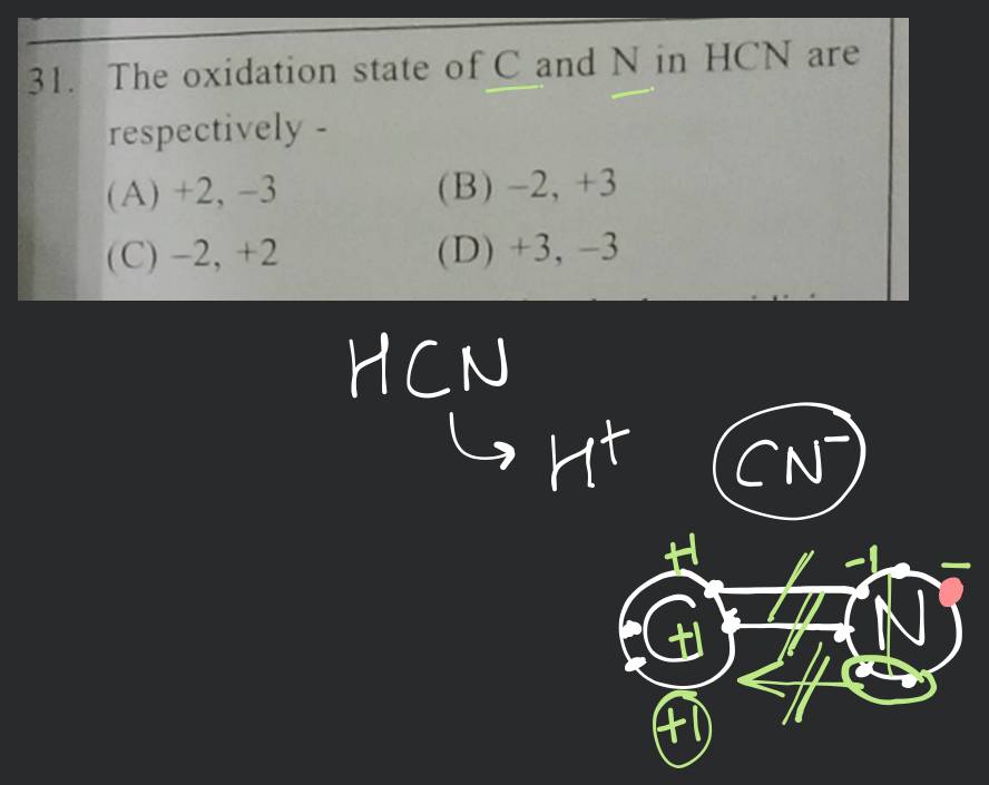 The oxidation state of C and N in HCN are respectively - | Filo