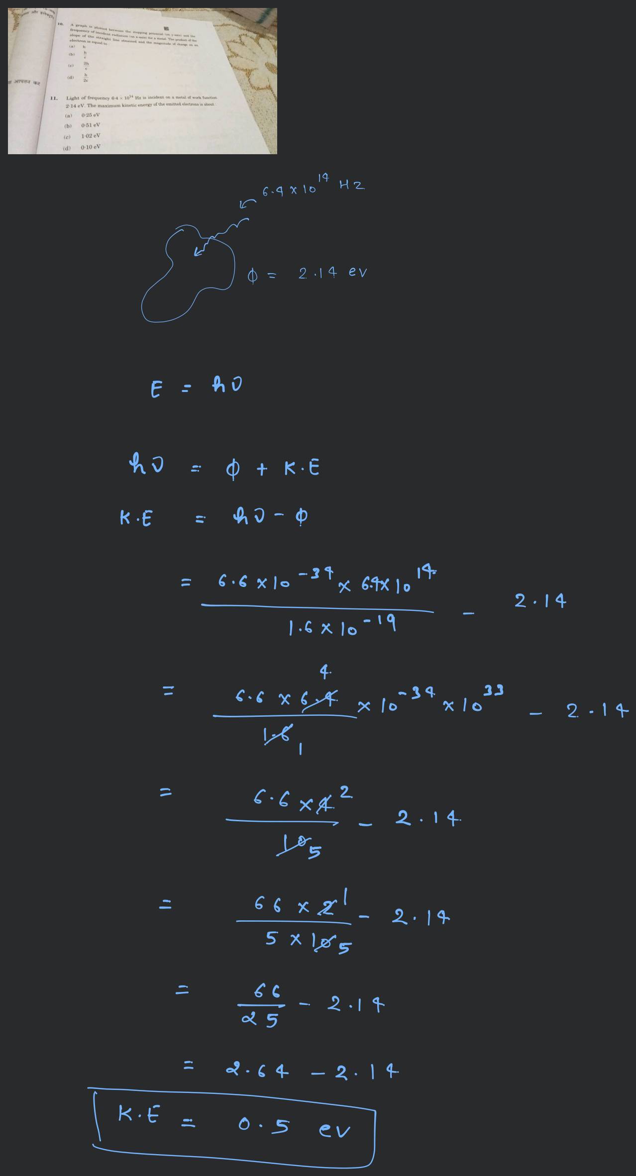 A graph in plotted between the stopping potential (on y-axis) and the fre..