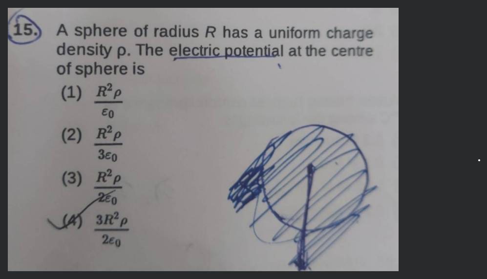 A sphere of radius 2R has a uniform charge density ρ. The difference in t..